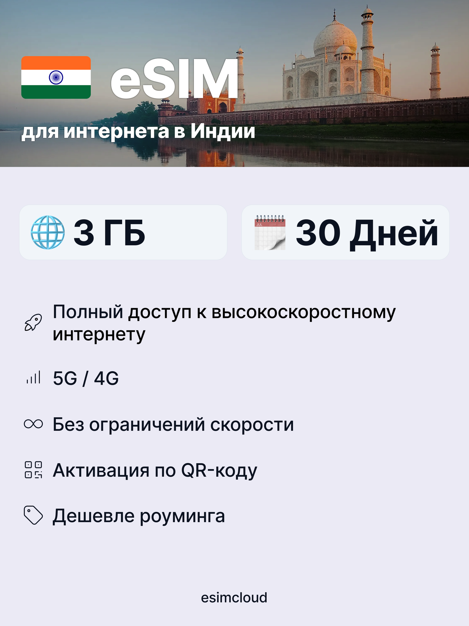 ESIM для Индии 3 ГБ / 30 дней • Мобильный интернет • Универсальная eSIM • 4G LTE / 5G • Смартфон и планшет
