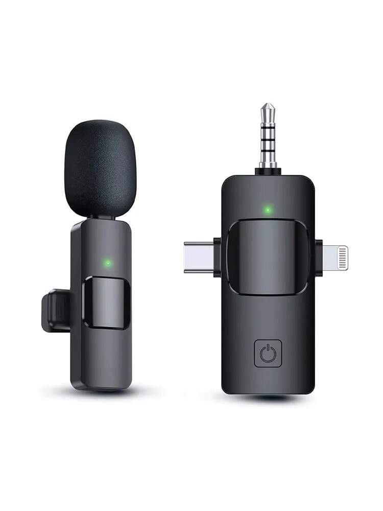 Микрофон K15 / Беспроводной петличный микрофон + универсальный ресивер с 3 интерфейсами (3.5 mm jack, Type-C и Lightning) 1 микрофон, черный