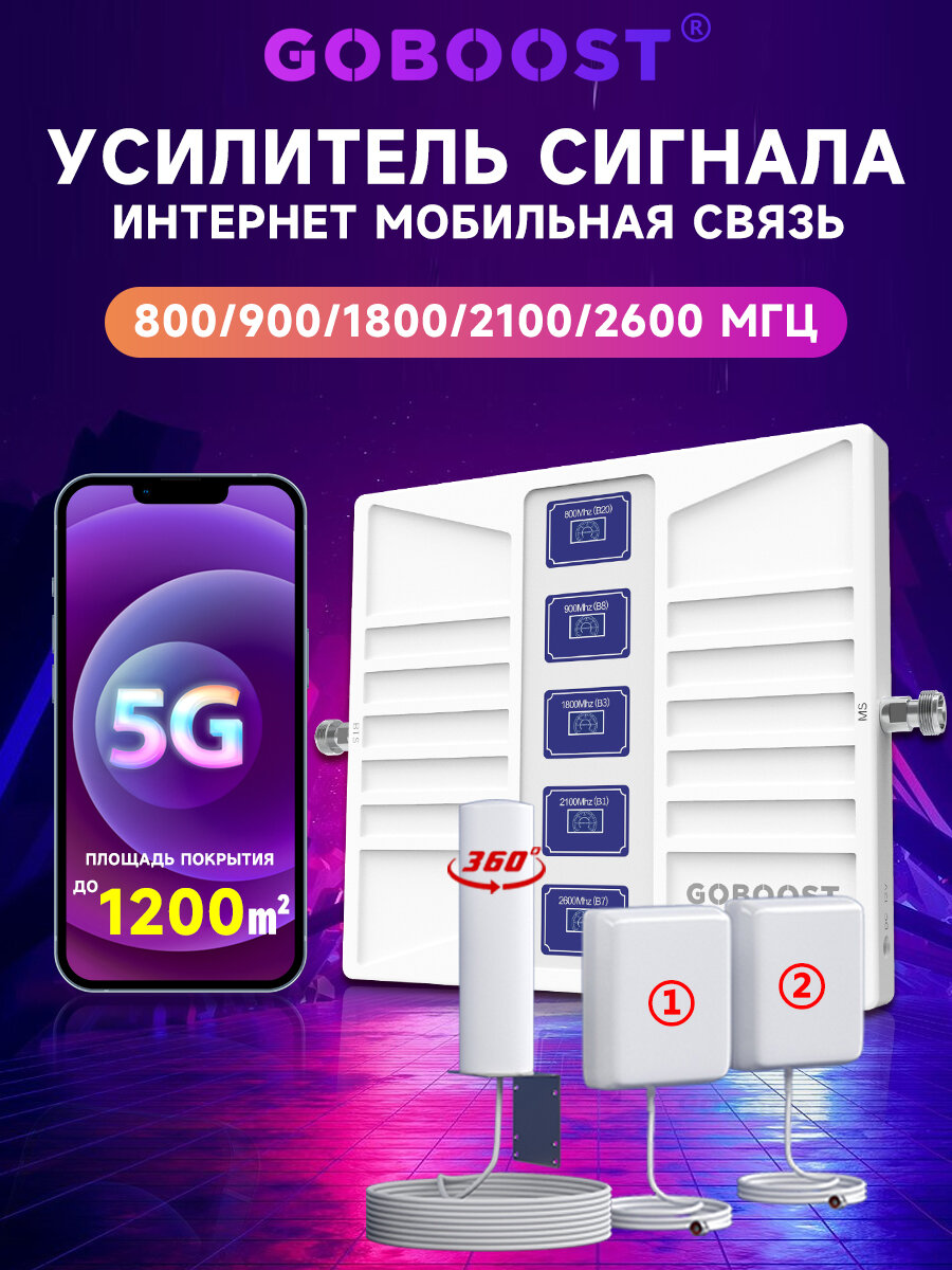 Усилитель сотовой связи и интернета 2G 3G 4G 5G LTE 800 900 1800 2100 2600 МГц 5 усилителей группы до 1600 м2 для России