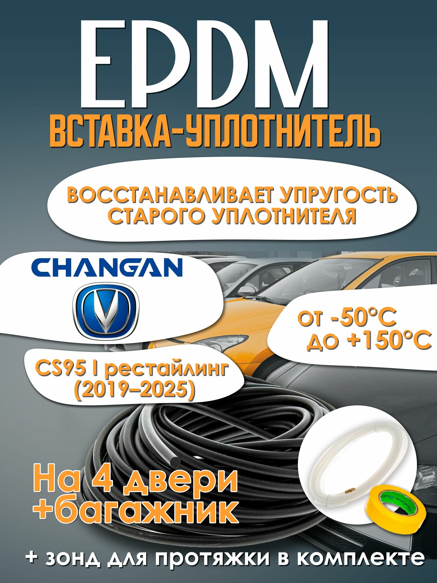 EPDM вставка-уплотнитель для дверей автомобиля Changan CS95 I рестайлинг (2019-2025) / Чанган ЦС95 1 поколение рестайлинг