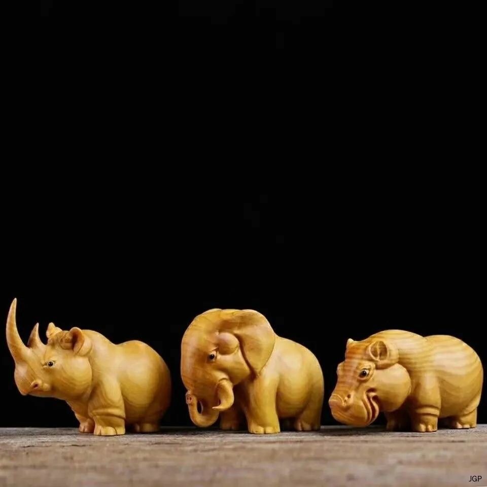 Слон, носорог, бегемот, деревянное украшение 3шт