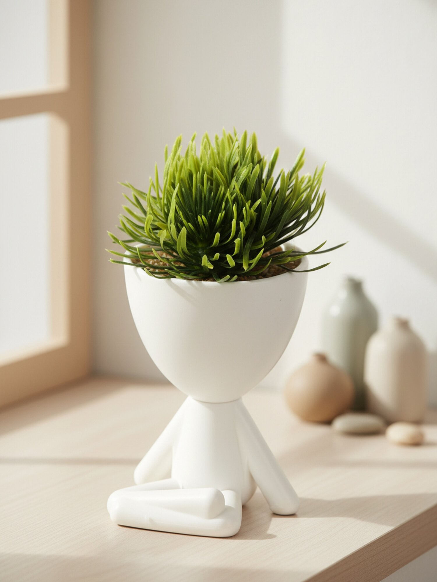 Искусственный цветок в кашпо Человечки, декоративная трава для интерьера дома и офиса, 20 см, белый, Y4-11107