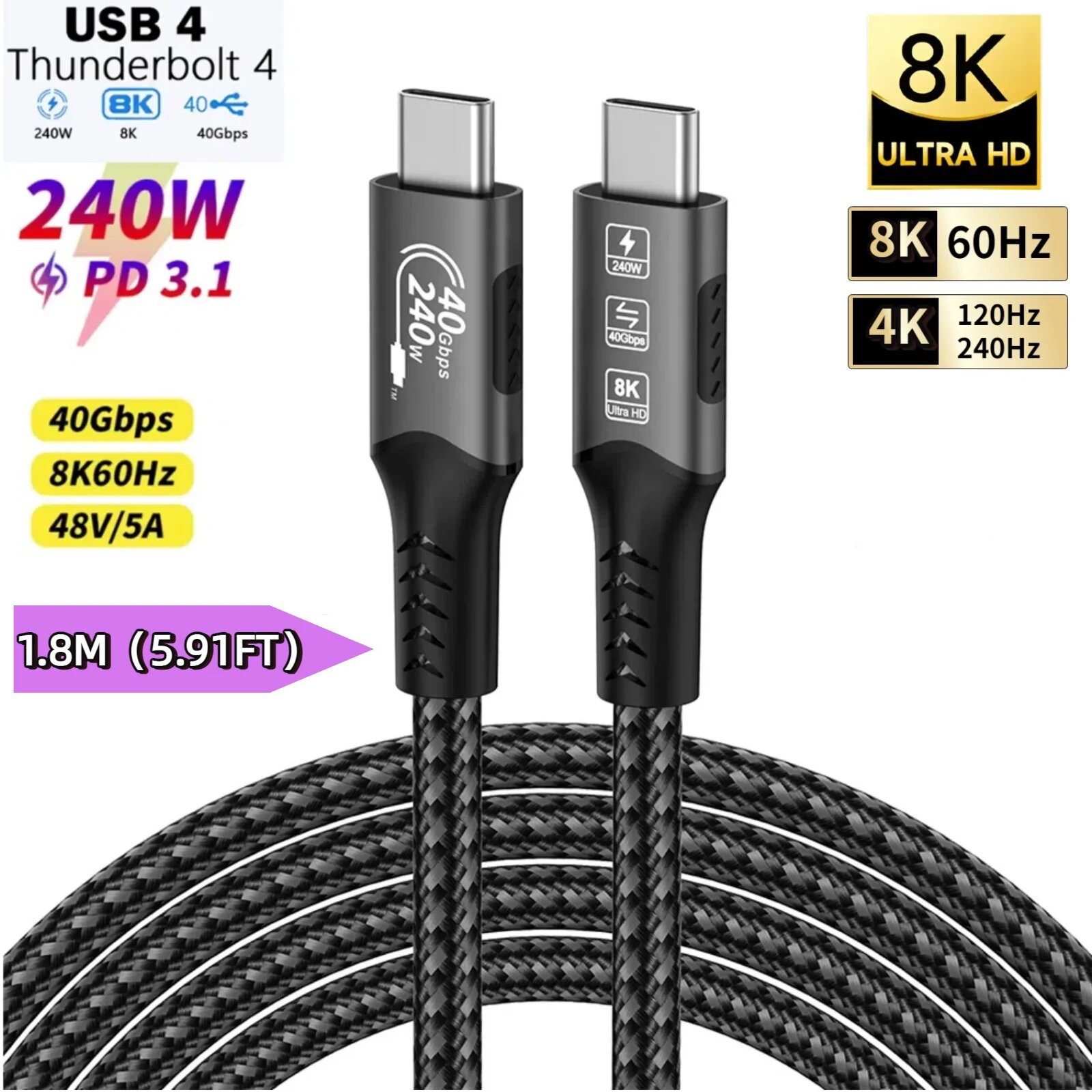 Lmcnzz Thunderbolt4 кабель USB4 Type-C 40 Гбит/с 1032-8K M-M 1.8M