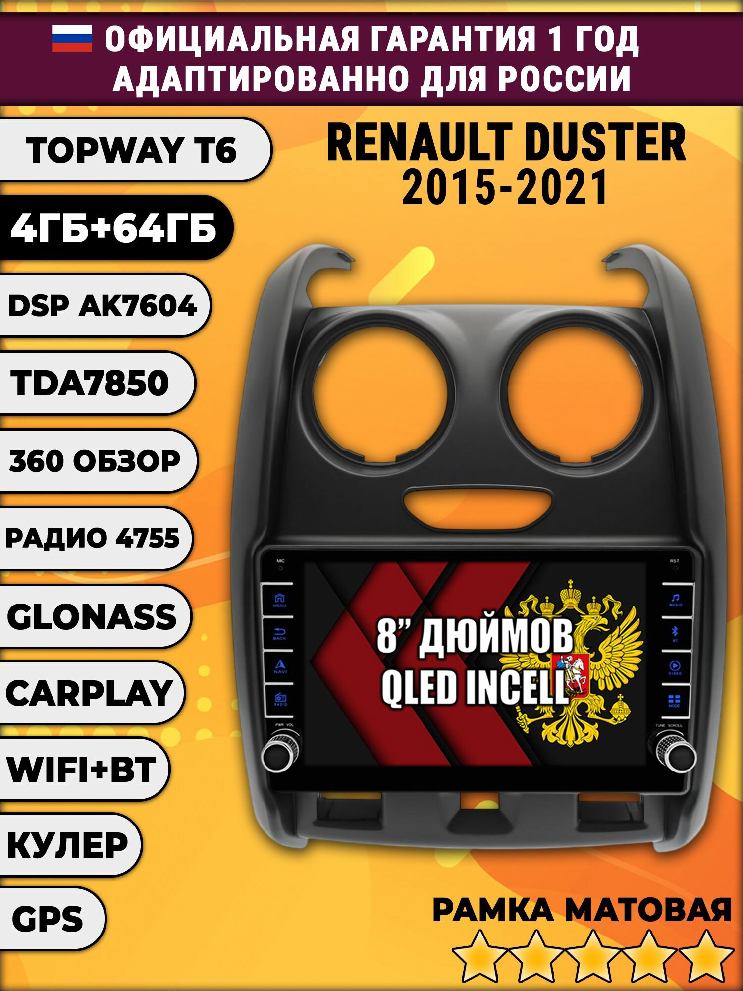 4гб+64гб с DSP и 360 для RENAULT DUSTER (2015-2021) Рено дастер, Android магнитола с DSP, LTE, усилитель TDA7850