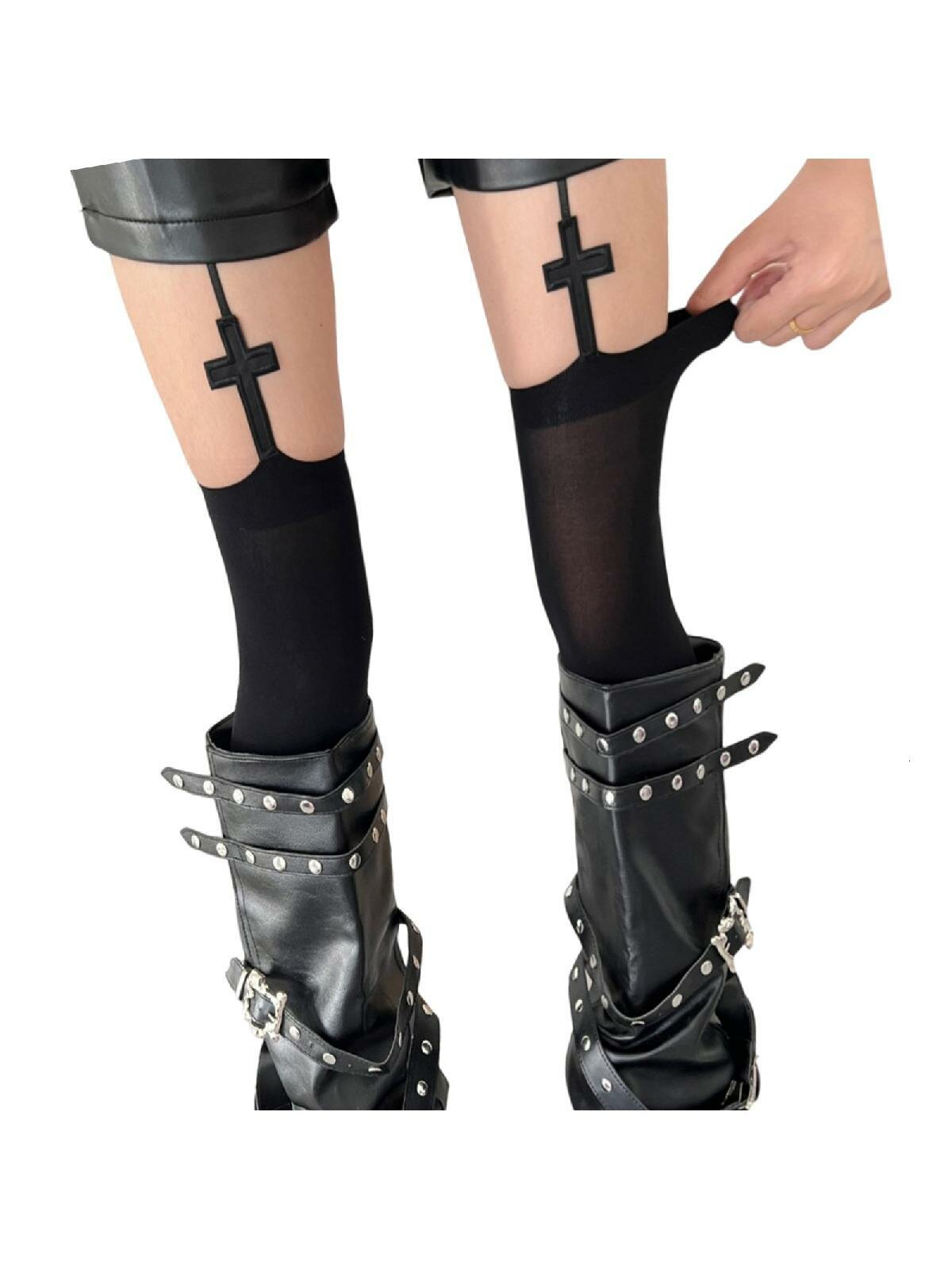 Женские чулки с подвязками и готическим крестом, Черный