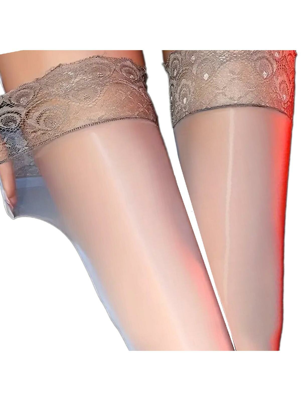 Блестящие чулки выше колена с кружевной отделкой, Серый