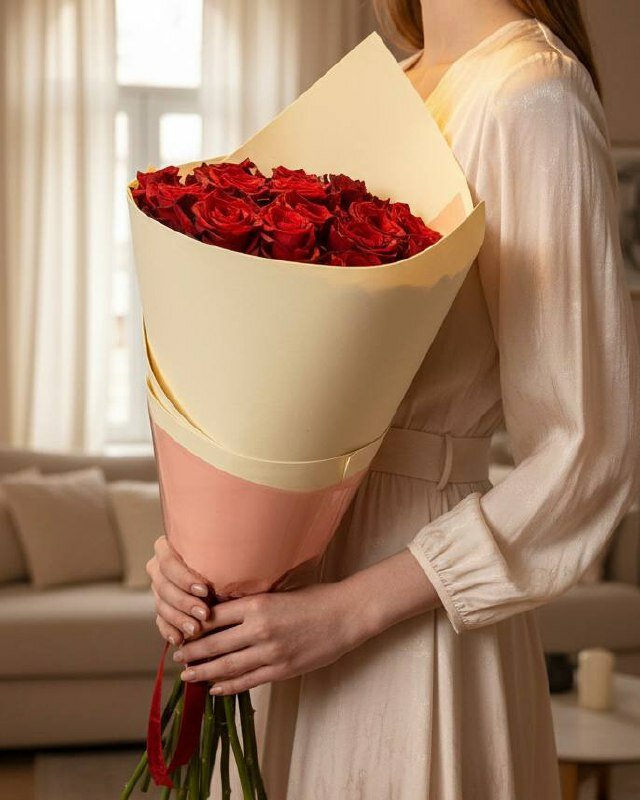 Букет «Моно» из 15 бордовых роз. Имперская роскошь и глубина чувств.