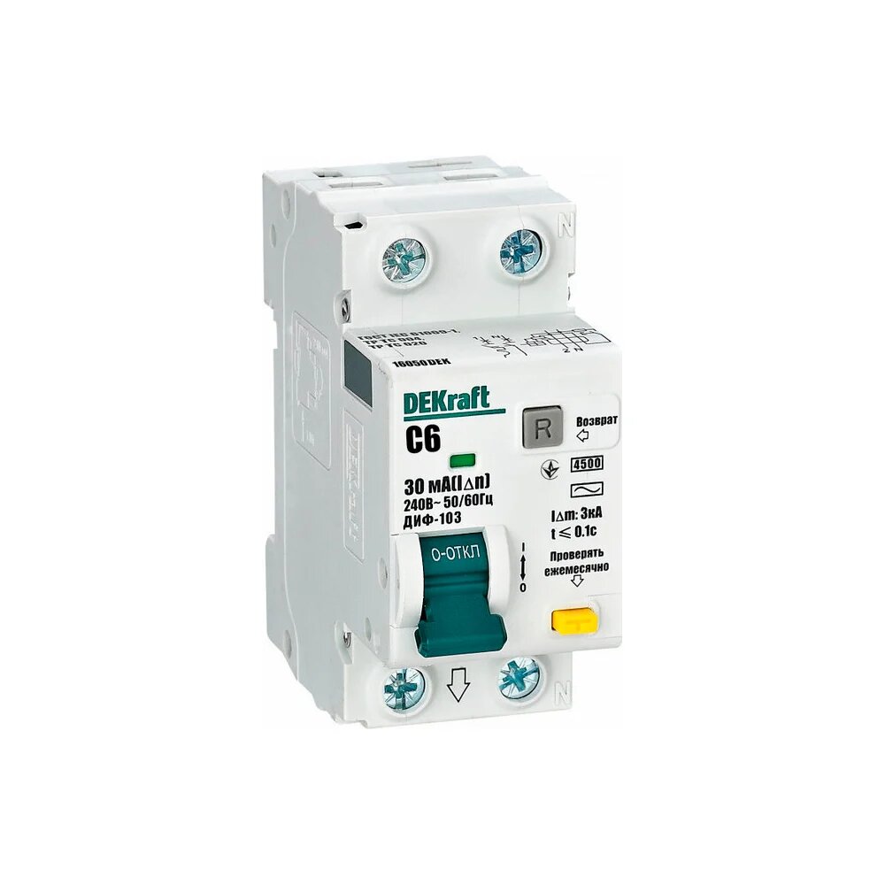 Дифференциальные автоматический выключатель DEKraft АВДТ 1Р+N, 6А, 30мА, тип AC, характеристика C ДИФ-103 4.5кА