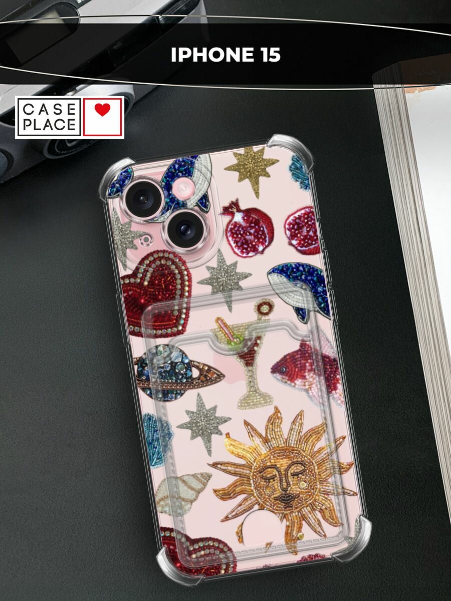 Чехол на Apple iPhone 15 (Айфон 15) с картой и принтом Паттерн из страз