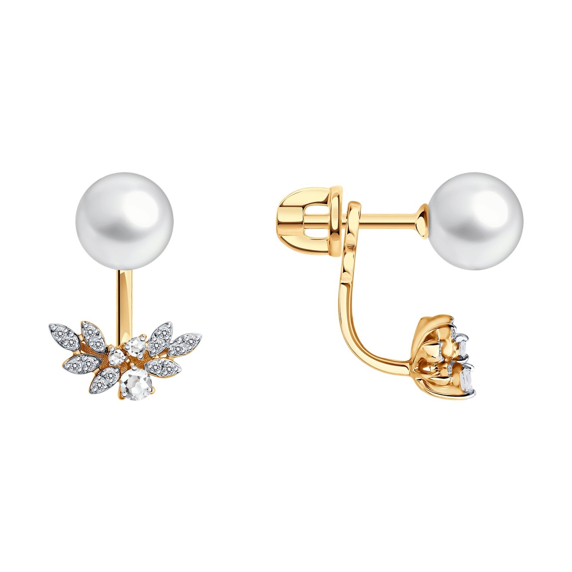 Серьги Diamant online, красное золото, 585 проба, горный хрусталь, жемчуг, бриллиант, топаз