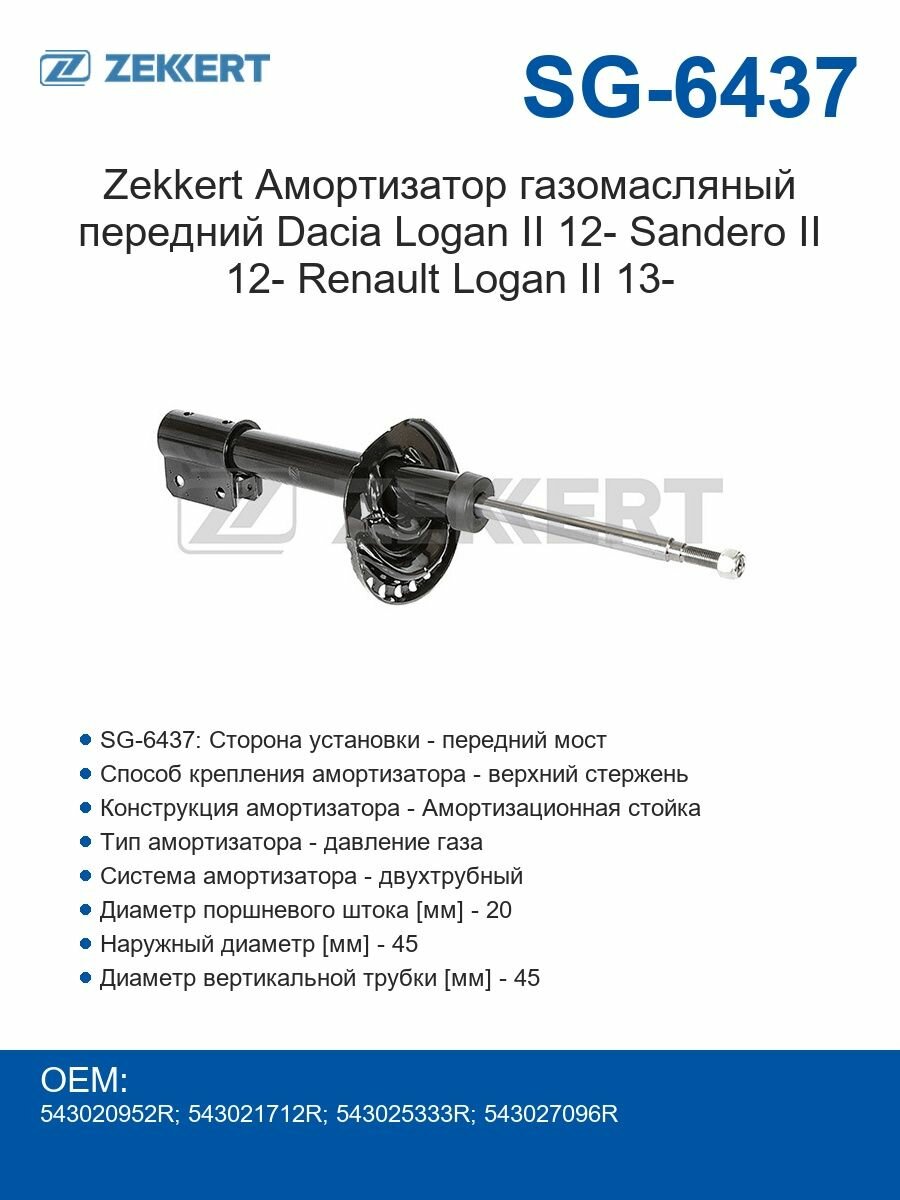 Zekkert Амортизатор газомасляный передний Dacia Logan II 12- Sandero II 12- Renault Logan II 13-