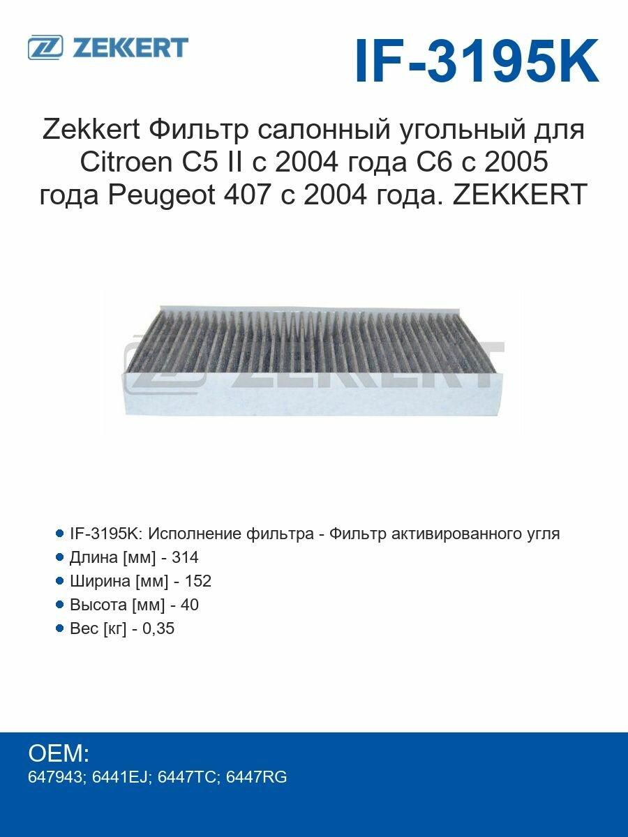 Zekkert Фильтр салонный угольный для Citroen C5 II с 2004 года C6 с 2005 года Peugeot 407 с 2004 года. ZEKKERT