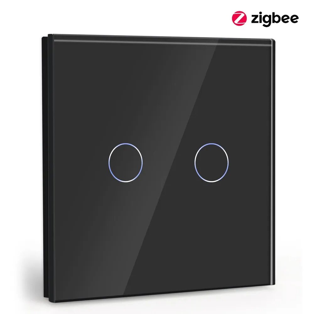Сенсорный выключатель Zigbee двухклавишный стеклянная панель черная без нуля