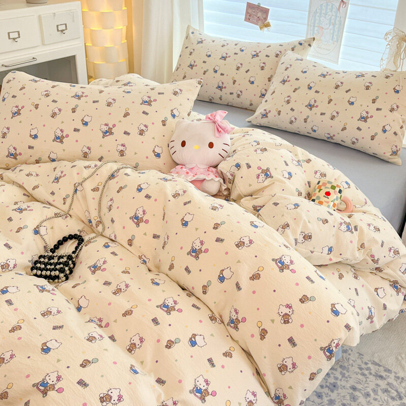 Набор из четырех предметов A-Class Genuine Sanrio из стираного хлопка с двойным слоем пряжи, мультяшный кот KT, набор из трех предметов для общежития из чистого хлопка