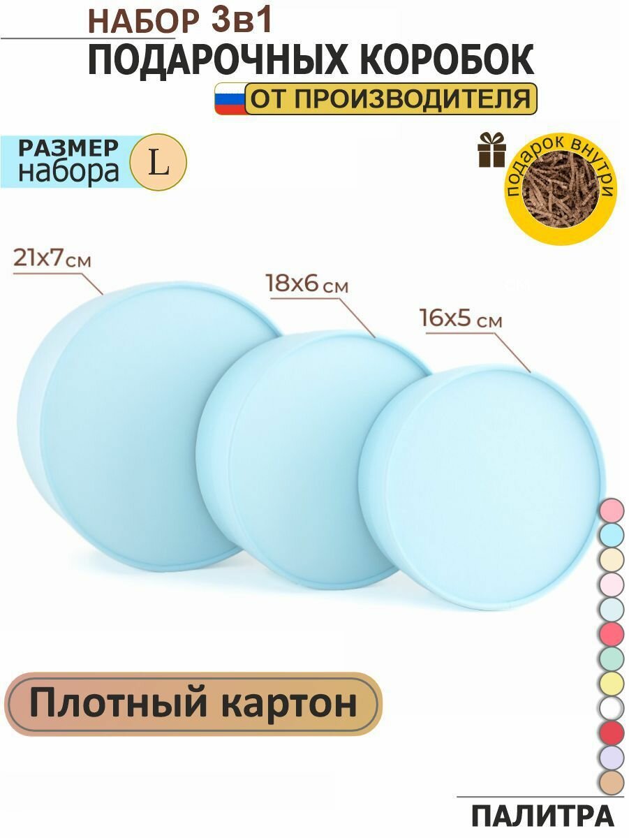 Круглая подарочная коробка шляпная с глухой крышкой с наполнителем для подарка, ГК, 3в1, светло-голубой, набор 3шт: 21х7 - 1шт, 18х6см - 1шт, 16х5см - 1шт
