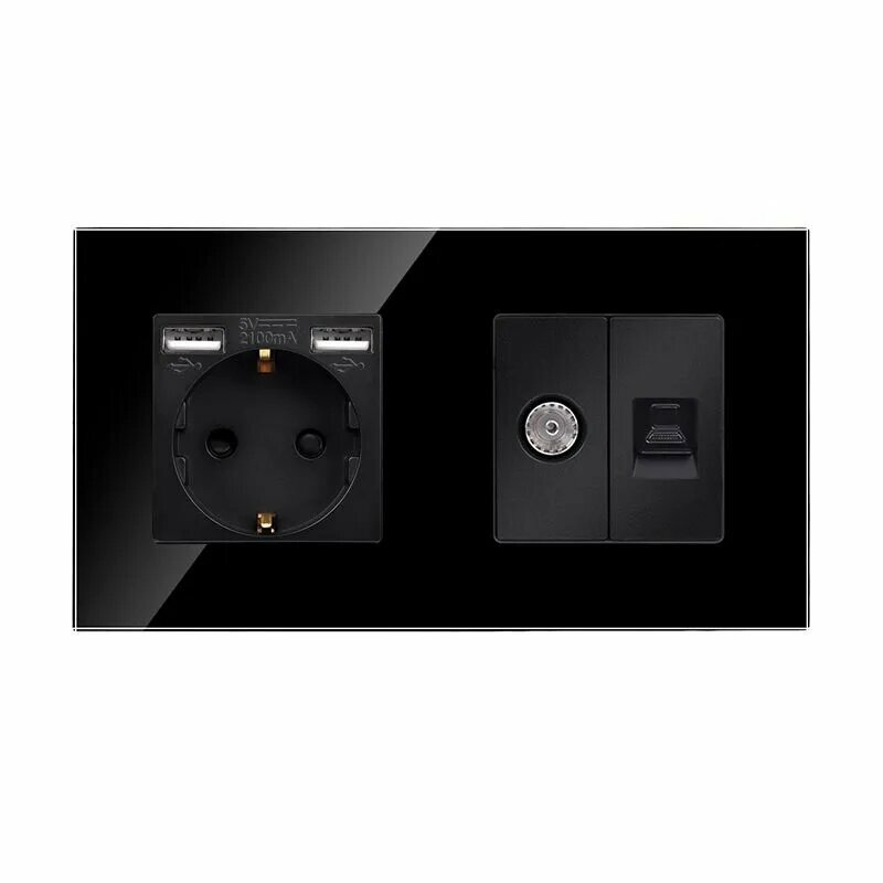Настенная розетка TV PC с интерфейсом USB, Розетка электрическая 220В, Стеклянная рама, Черный