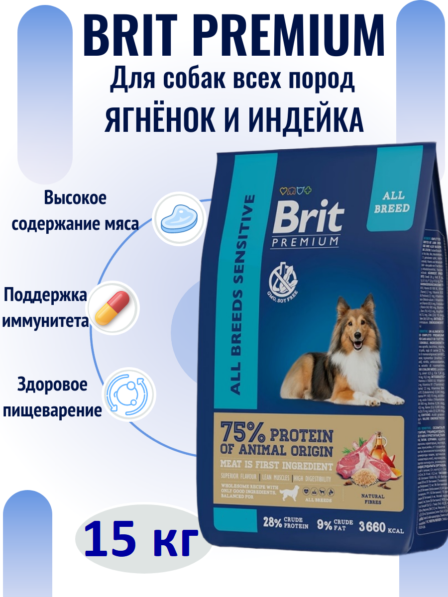 BRIT PREMIUM, Сухой корм с ягненком и индейкой Sensitive для собак всех пород, 15кг