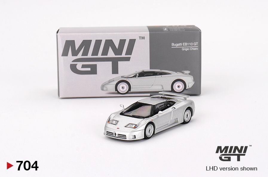 Коллекционная машинка MINI GT 1:64 Bugatti EB110 GT Grigio Chiaro LHD