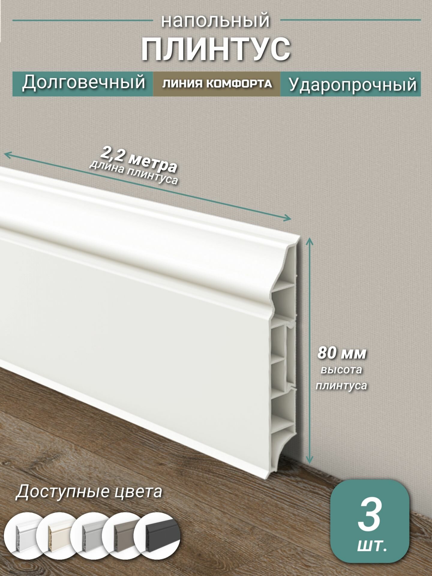 Плинтус Ideal, ПВХ, матовый, влагостойкий, ударопрочный, с кабель-каналом, 2,2 м, фигурный, Молочно-белый - 3 шт.