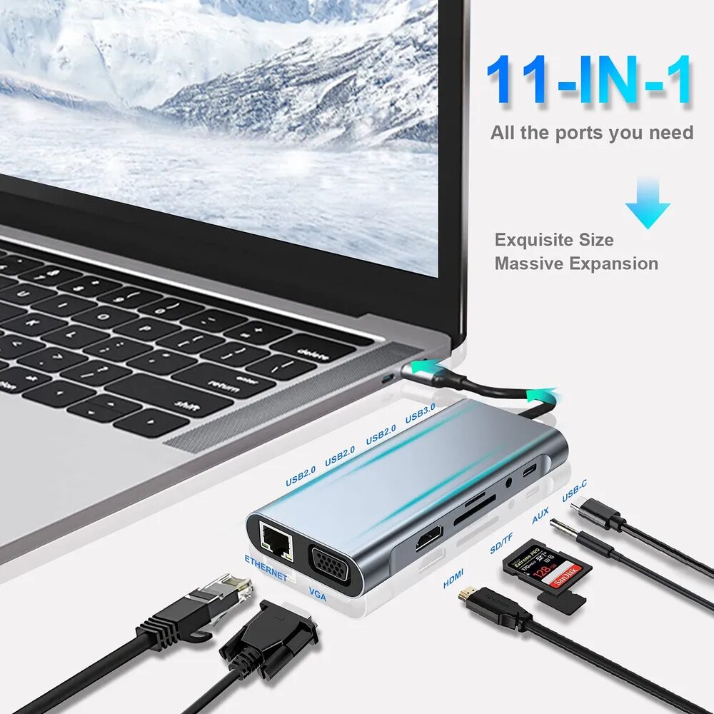 Многофункциональный USB-концентратор 11 в 1 с портами USB Type-C, HDMI, Ethernet, USB 3.0, для ноутбуков, серый