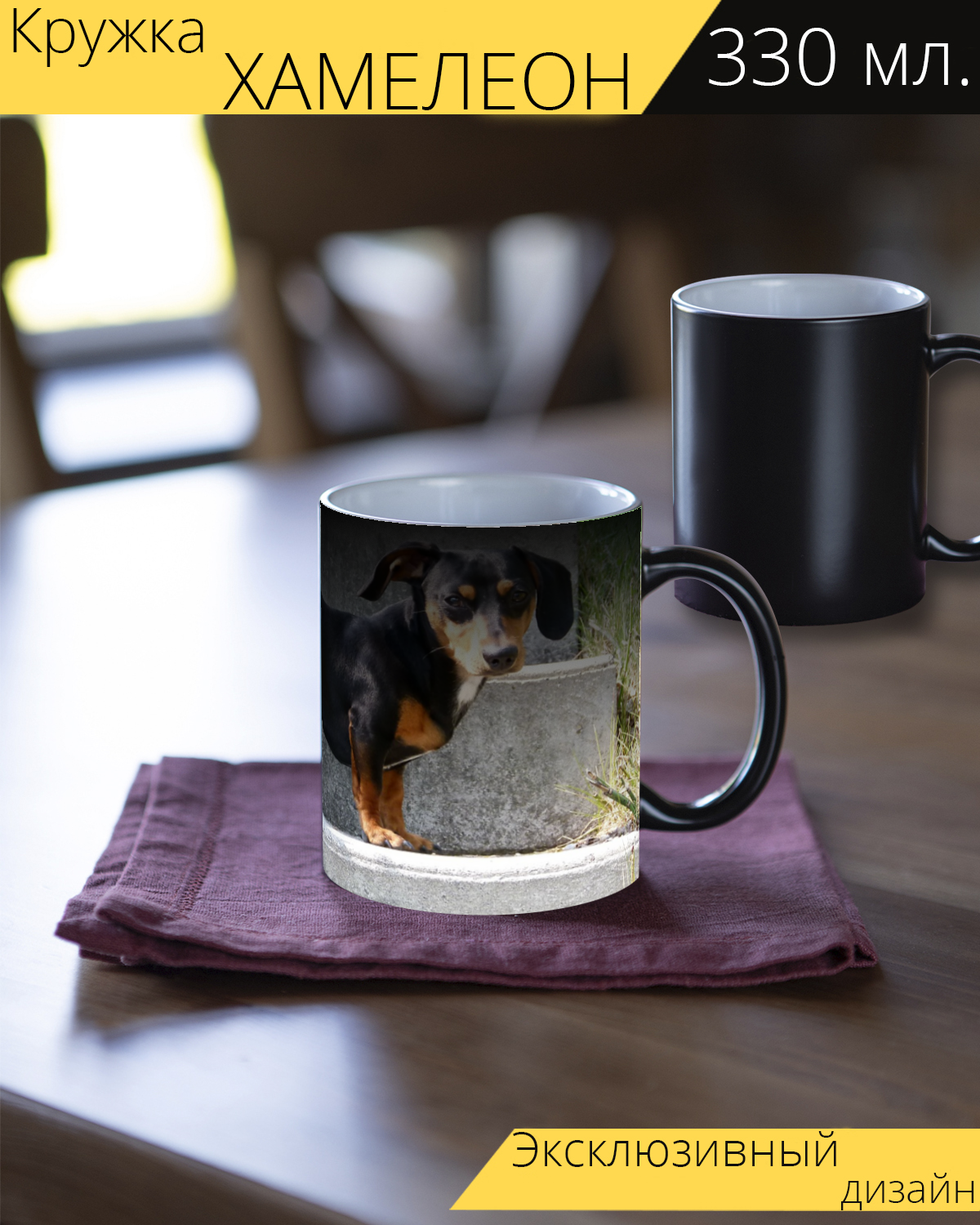 Кружка хамелеон с принтом "Собака, такса, животное" 330 мл.