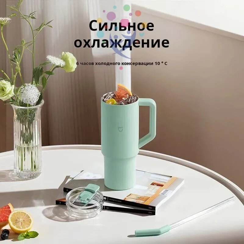 Термокружка 1 л с трубочкой и силиконовой соломинкой, подарочный набор с наклейкой и сертификатом — фото 1