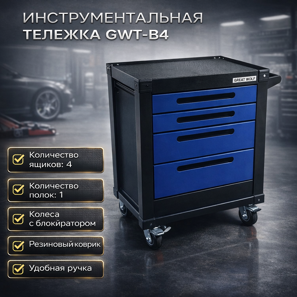 Инструментальная тележка Great Wolf 4 ящика, колеса с тормозом, синяя GWT-B4