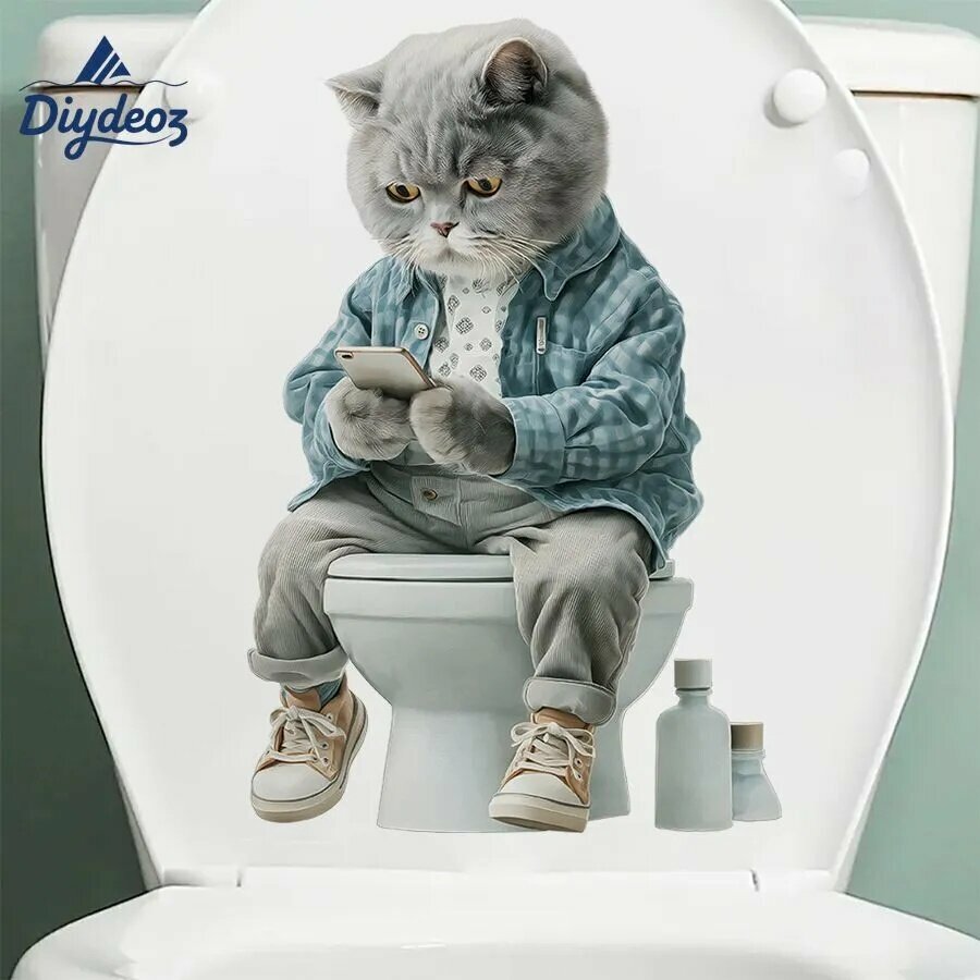 Наклейка на унитаз Кот со смартфоном , Забавный декор для ванной комнаты