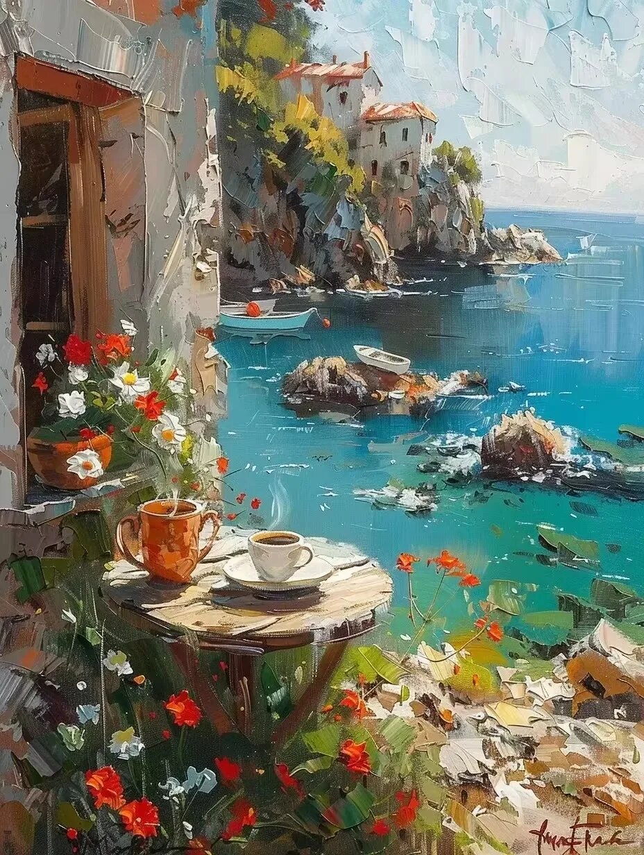 Картина на холсте "Морской пейзаж с чашкой кофе", 40x60 см, цвет X