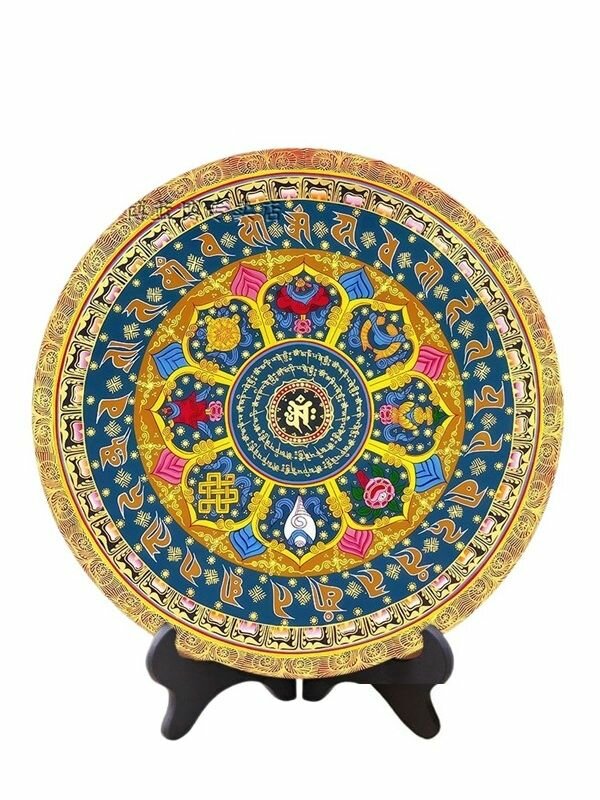 Буддийская икона "Мандала Восемь Благоприятных Символов и Шестислоговая Мантра" диаметром 19 см для медитации алтарного декора и подарка