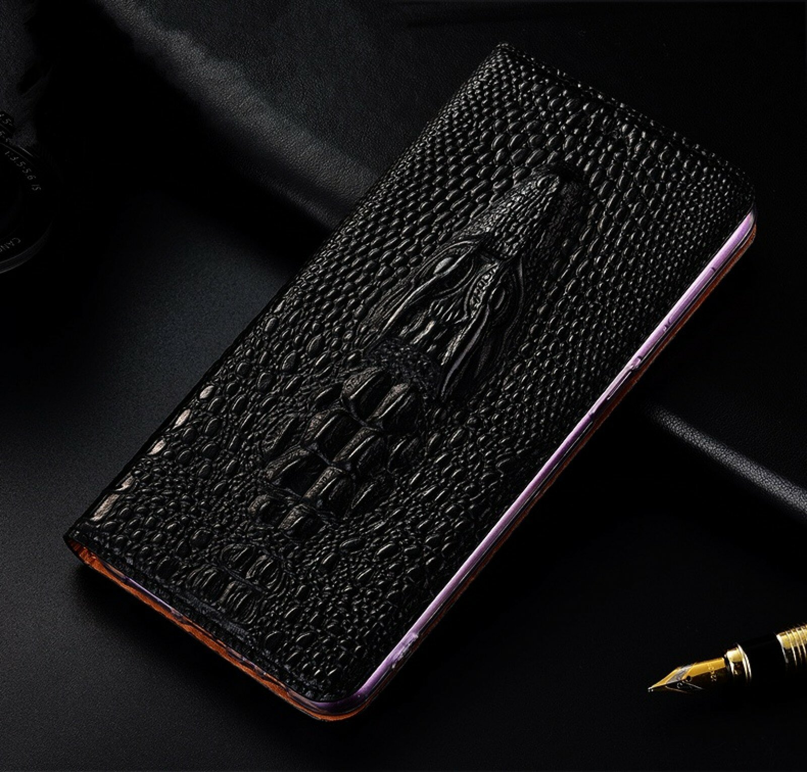 Чехол-книжка MyPads Premium для HTC U12+ Plus из натуральной кожи с 3D рельефом крокодила черный
