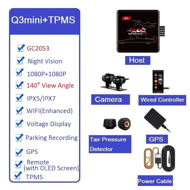 VSYSTO Q3mini Мотокамера с TPMS, OLED, GPS, Wi-Fi, парковка