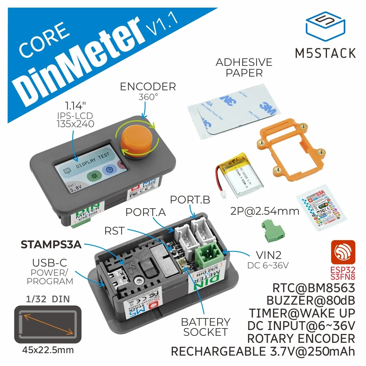 Официальный DIN-метр M5Stack v1.1 с M5StampS3A