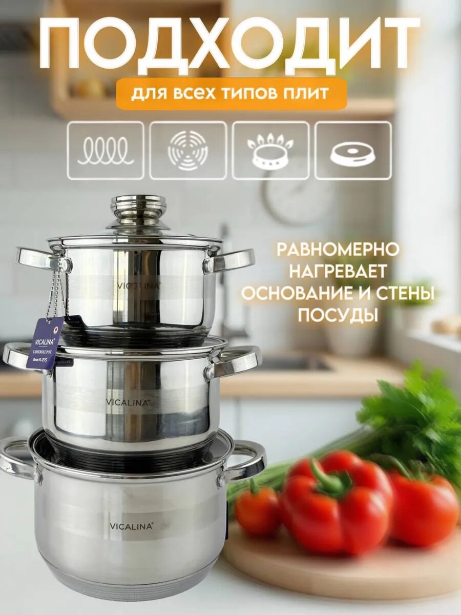Кастрюли Vicalina VL-375, нержавеющая сталь, для индукции, с крышками, 5 слоев, 2.7-4.8л — фото 1