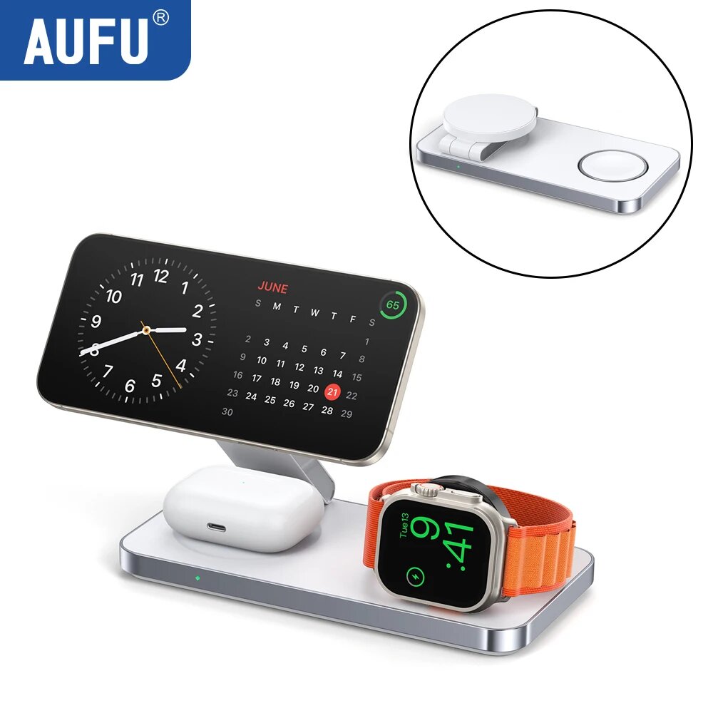 Беспроводная зарядная станция AUFU 3-в-1 White для iPhone, Apple Watch, AirPods