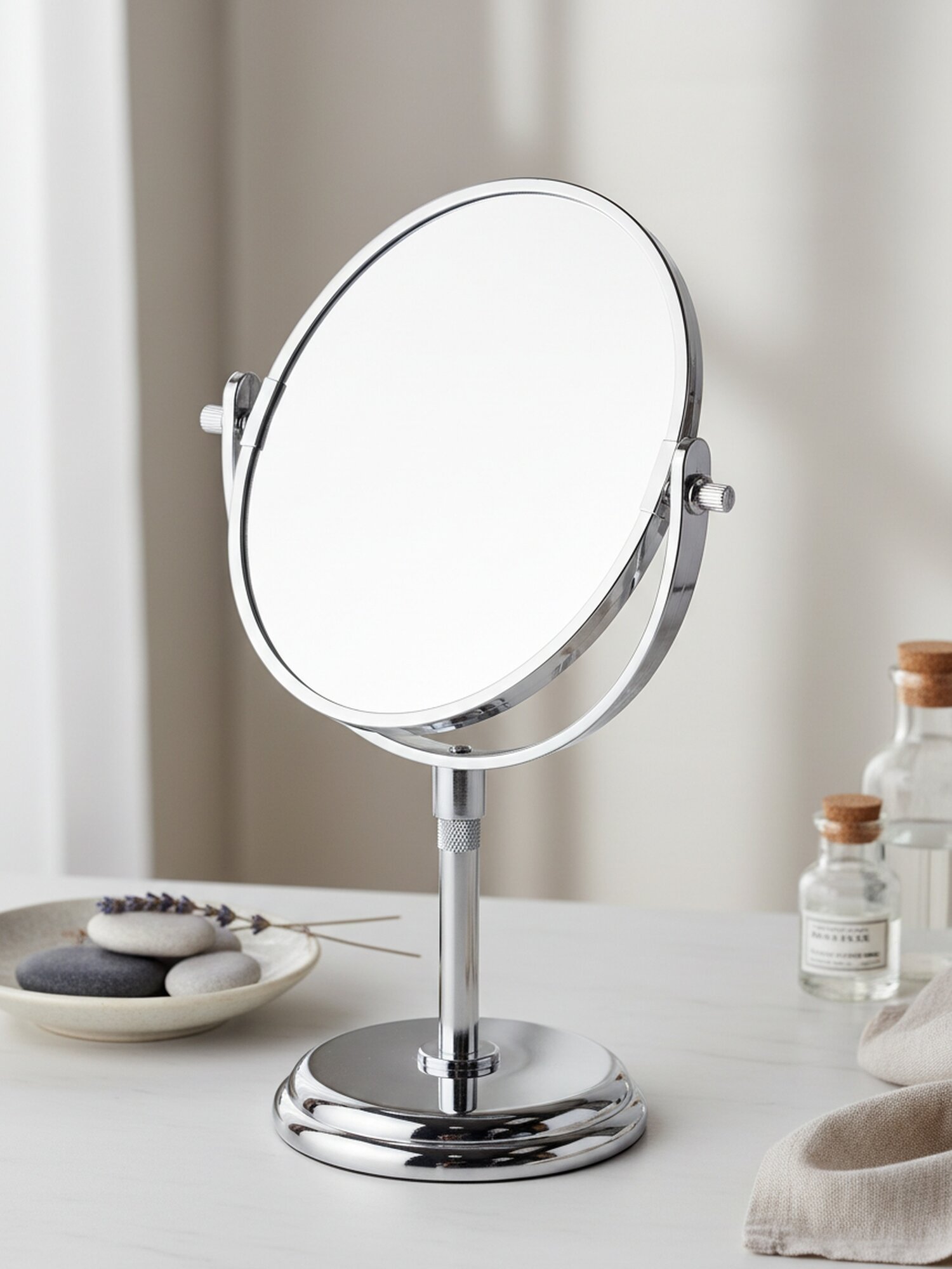 Зеркало настольное косметическое круглое на ножке, 15.5х27.8 см, цвет хром, для макияжа и ухода, модель Y4-11321
