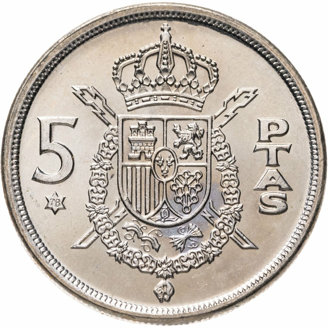 Испания 5 песет pesetas 1975, 78 внутри звезды, Мельхиор медь-никель, в сохранности UNC