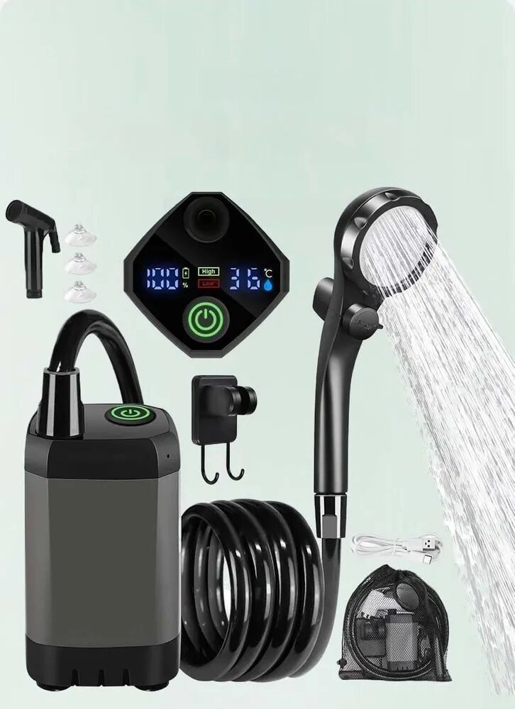 Портативный душ походный аккумуляторный черный матовый с индикацией температуры и заряда