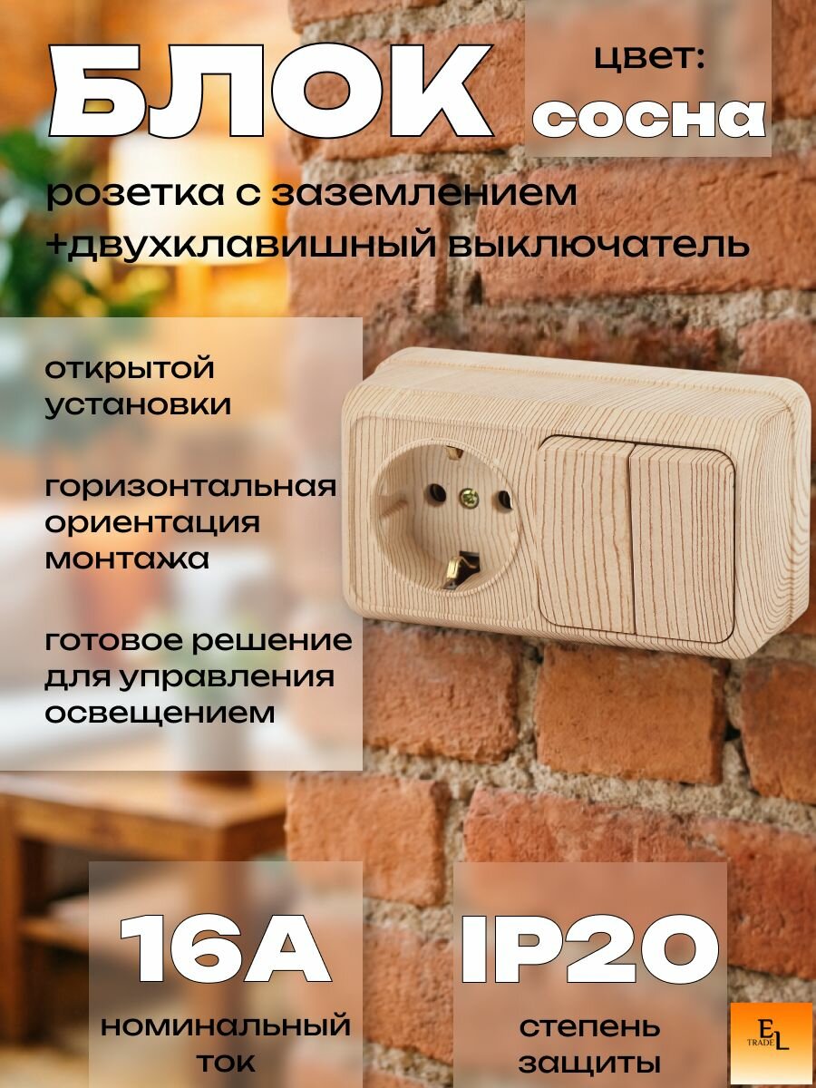Блок комбинированный горизонтальный розетка с заземлением + двухклавишный выключатель 16А, IP20, открытой установки, сосна
