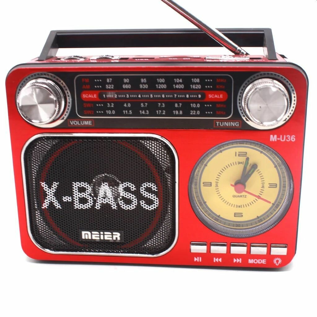 Радиоприемник MEIER M-U36 красный, фонарик, часы