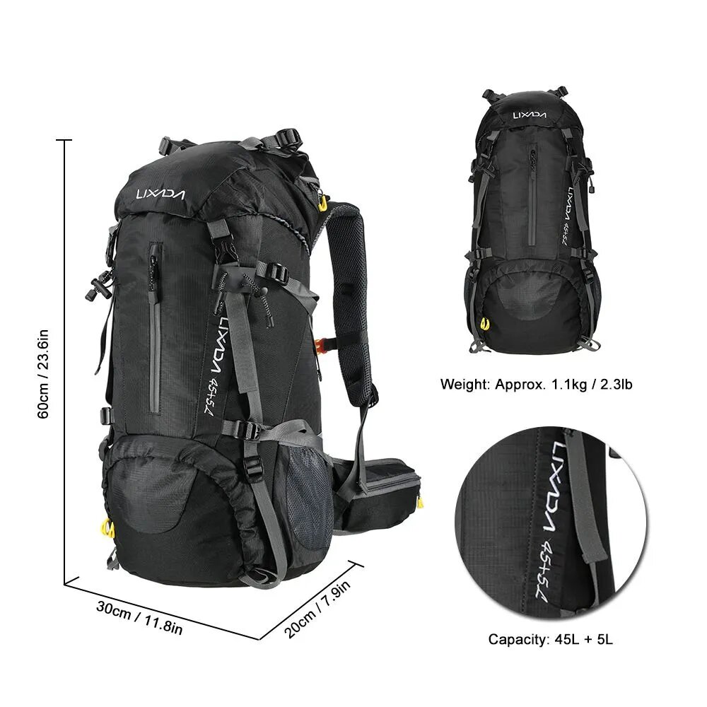Рюкзак Lixada 45+5L туристический мужской, спортивный, черный, искусственный материал, застежка-молния — фото 1
