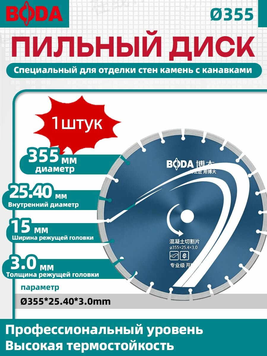 Пильный диск, BODA, 355 мм, используется для резки стальных прутьев и бетона Производитель-поставщик Упаковка на 1 штуку