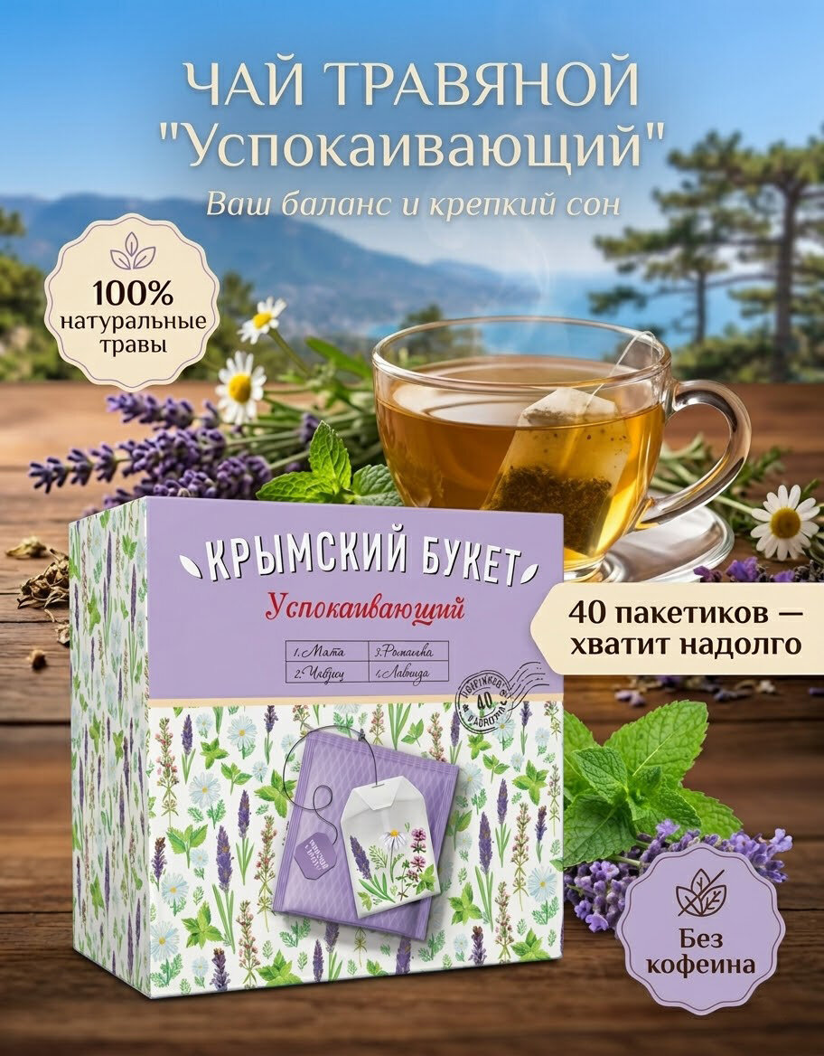 Травяной чай успокаивающий Крымский Букет Добрыня, сбор от стресса и для сна в пакетиках 40 шт