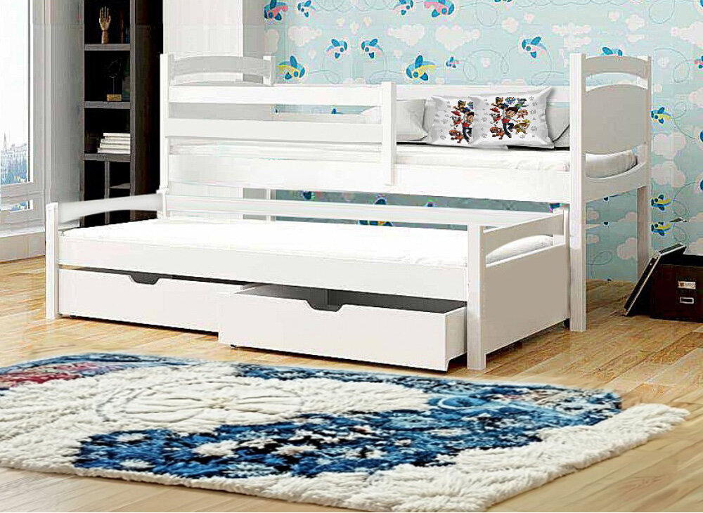 Кровать для 2-х детей выкатная софия 80х190 белая из массива, с ящиками, ортопедическое дно, (без матраса)