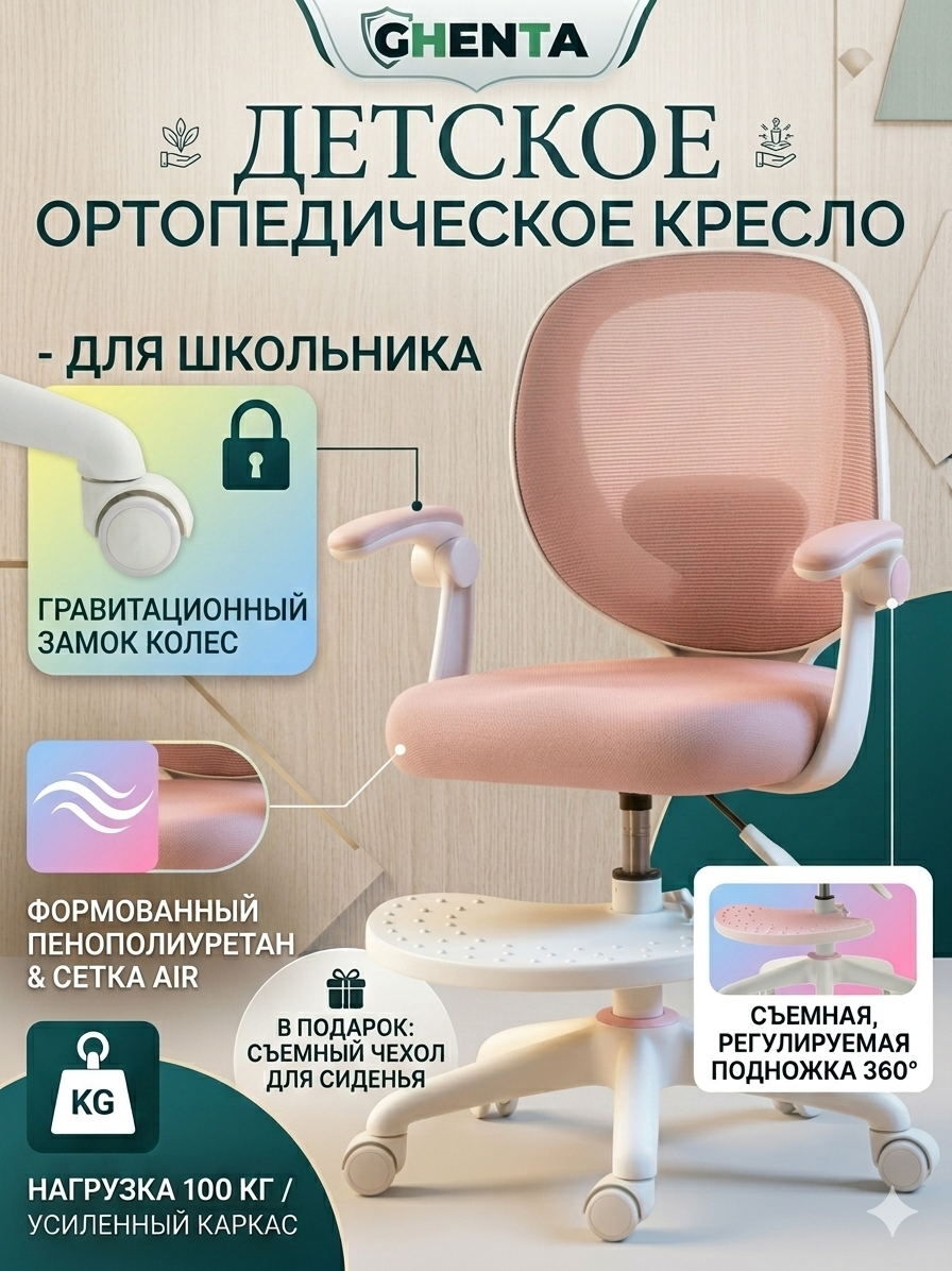 Кресло компьютерное для детей с подножкой Ghenta ткань/сетка розовый, стул для школьника с подлокотниками белое