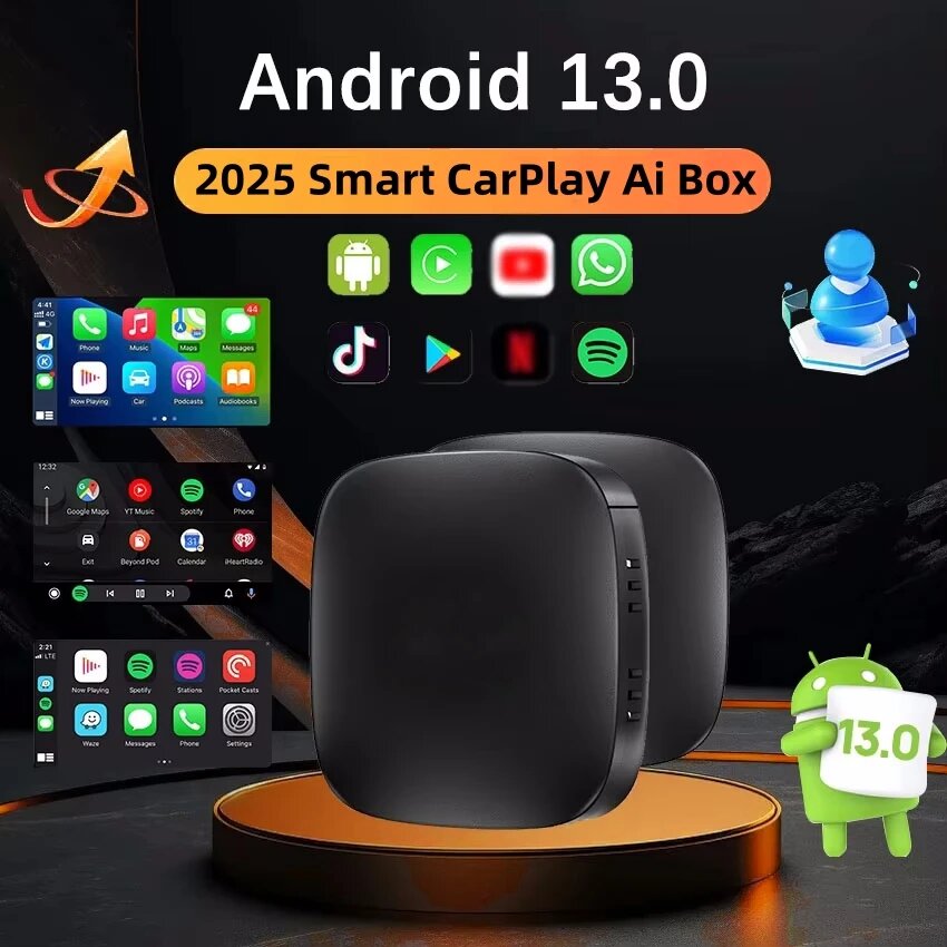 Автомобильная Смарт-приставка 2025 Android 13 Carplay Box С Android Auto, Беспроводная, 2 ГБ + 32 ГБ, Поддержка Wi-Fi, Netflix