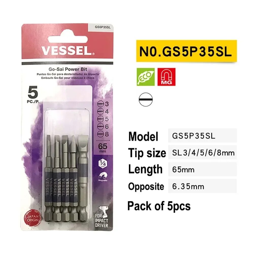 Набор бит VESSEL GS5P35SL SL 3/4/5/6/8 мм, 65 мм