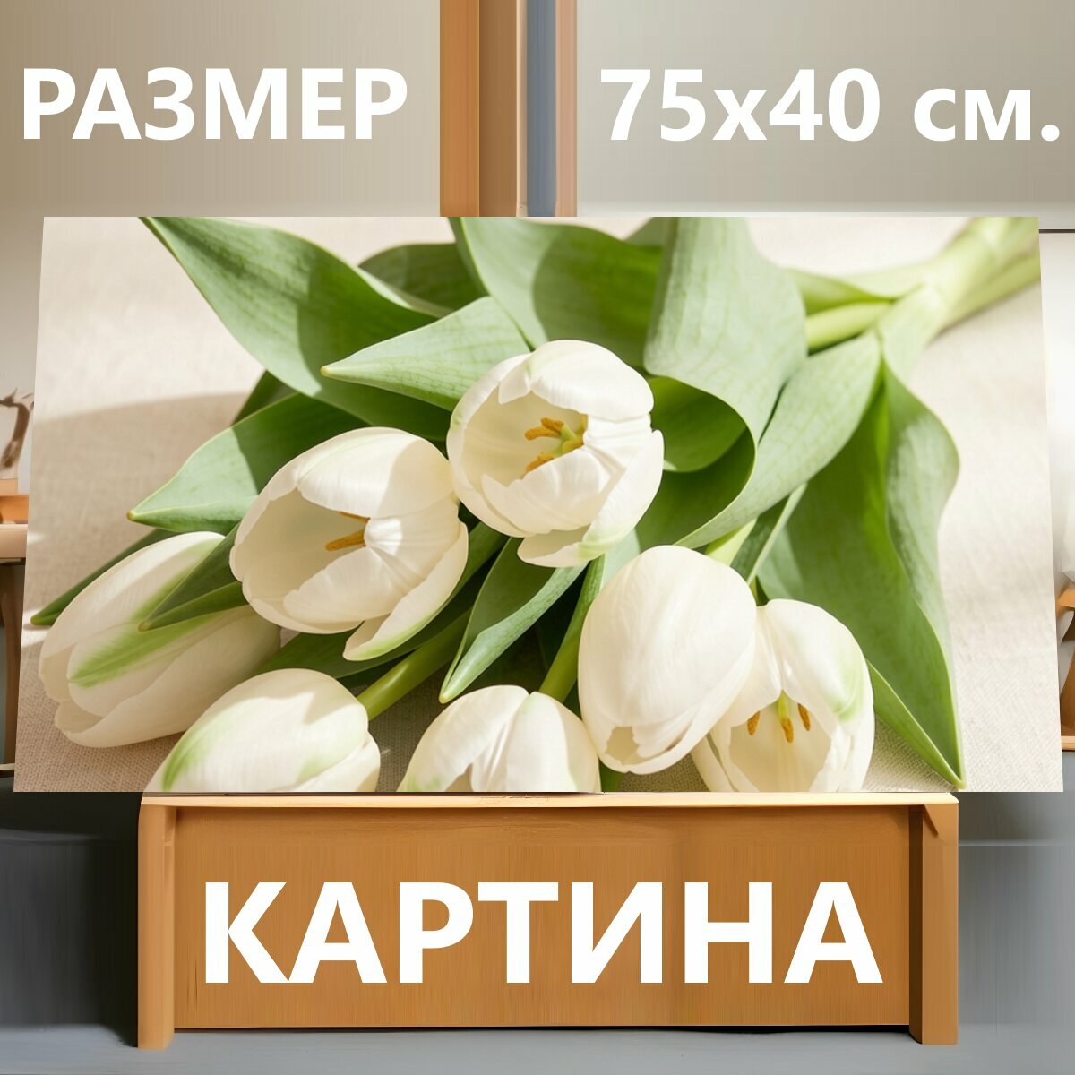 Картина на холсте "Белые тюльпаны на светлом фоне. Нежный букет весенних цветов с зелёными листьями лежит на бежевой ткани, мягкий солнечный." на подрамнике 75х40 см. для интерьера