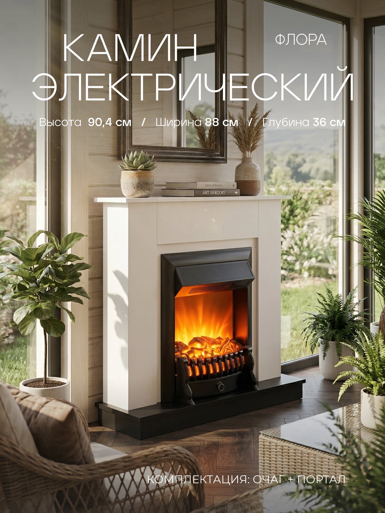 Электрокамин Флора бело черный с очагом Фобос, с пультом ДУ, имитация пламени и звука, напольный электрический камин