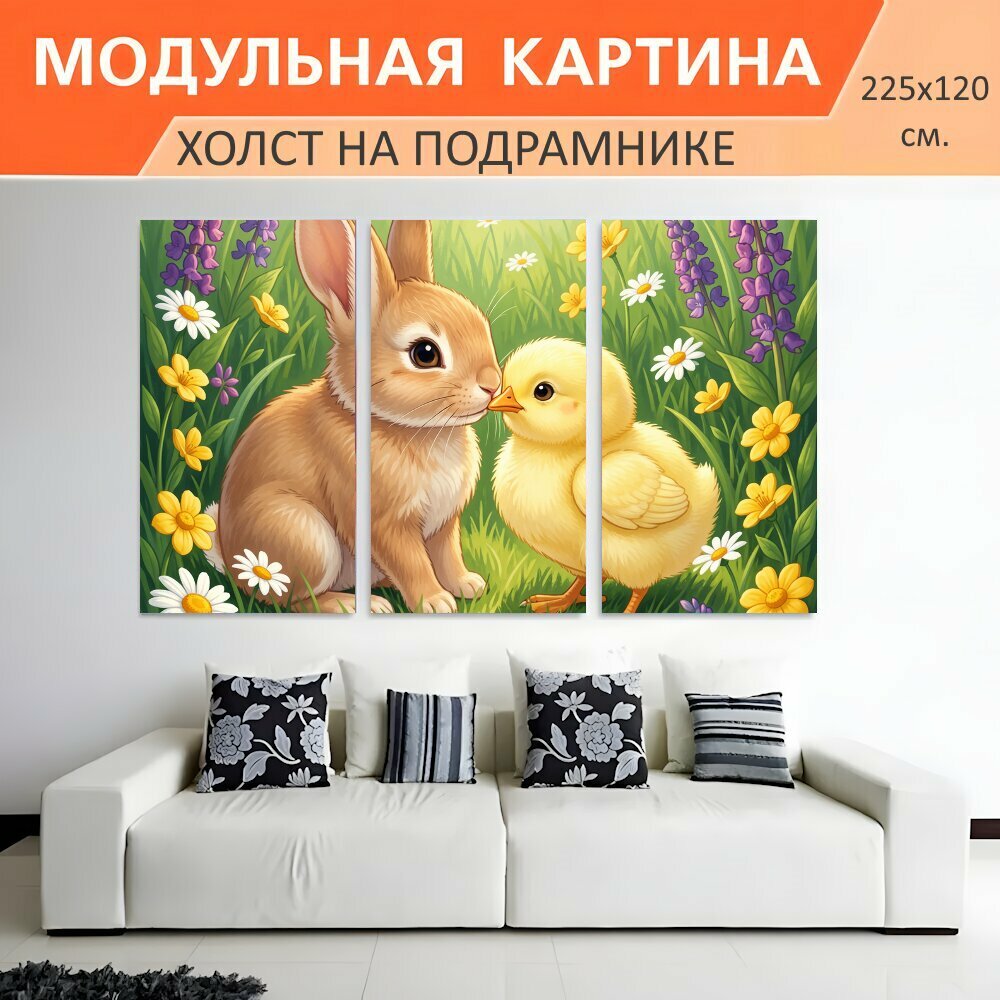 Модульная картина на холсте "Зайчонок и цыпленок в цветах. Милые детские персонажи в летнем лугу с ромашками и фиолетовыми." триптих на подрамнике 225х120 см. для интерьера